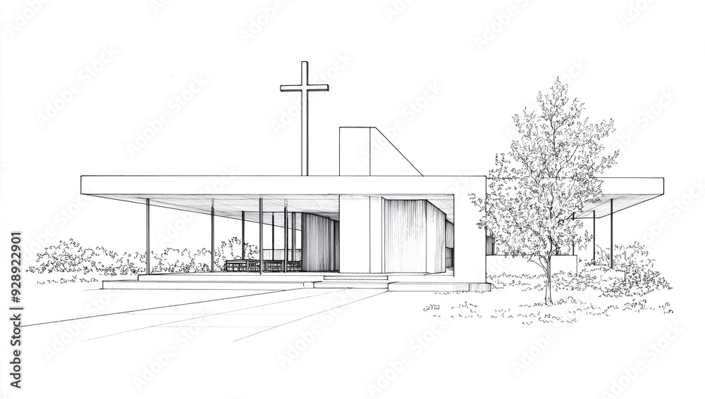 Architectural Drawing of a Modern Church with Large Cross and ...