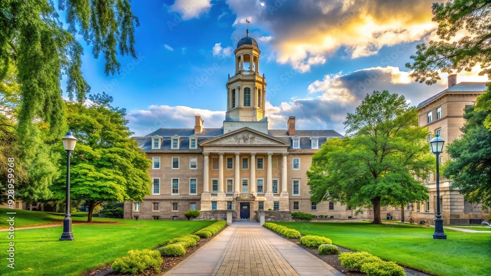 Historic academic building with iconic clock tower stands proudly on a ...