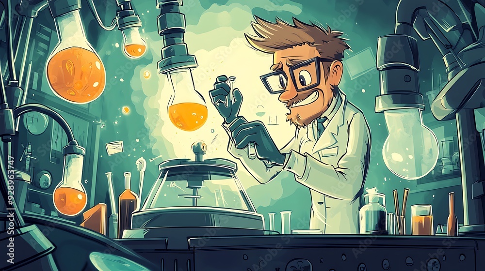 Eureka Moment: Cartoon Scientist Unveiling a Revolutionary Invention in ...