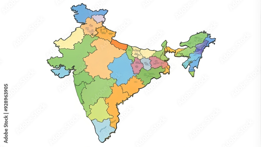 Illustrated editable map of India with bold black outline and white ...