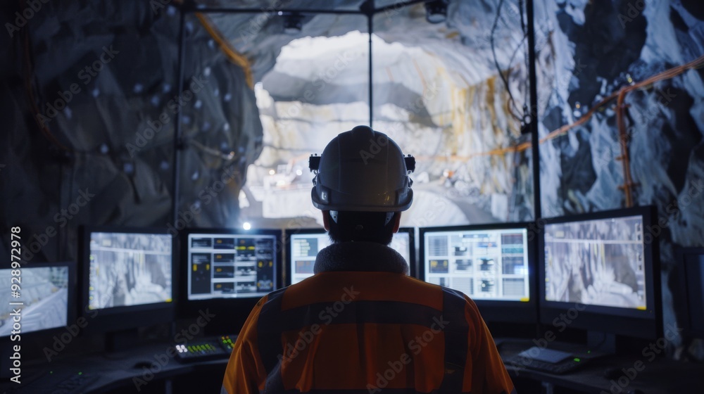 Inside a mining operation control room, a worker in a safety helmet ...