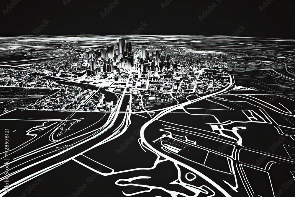 Technical aerial visual, 3D LiDAR GIS aerial map satellite scan model isolated, showing Norman ...