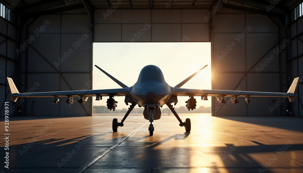 Inside a dim hangar, an MQ-9 Reaper drone is illuminated, casting ...