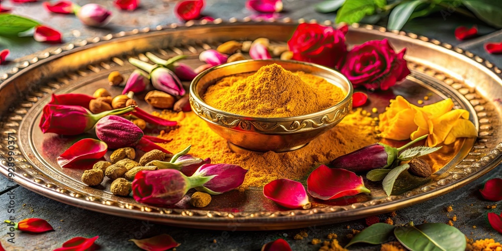 Traditional Indian Haldi Ceremony plate with turmeric powder, rose ...