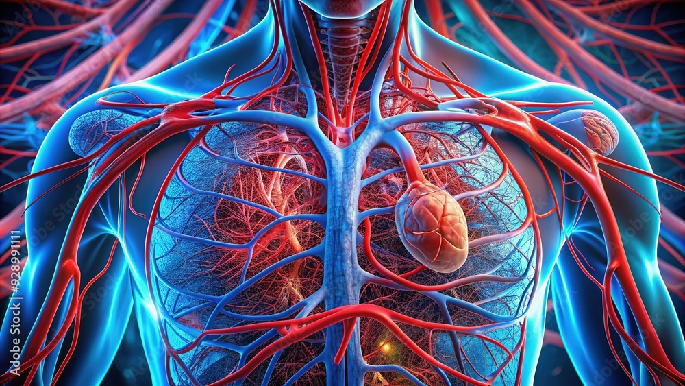 Macro view of a human body's circulatory system with vibrant red and ...