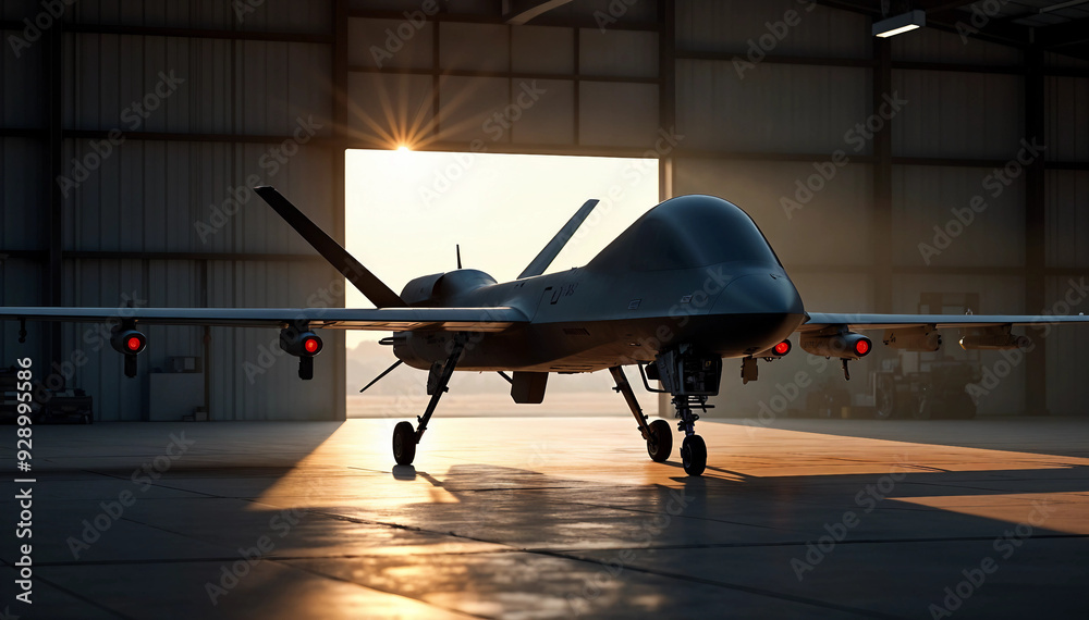 Inside a dim hangar, an MQ-9 Reaper drone is illuminated, casting ...