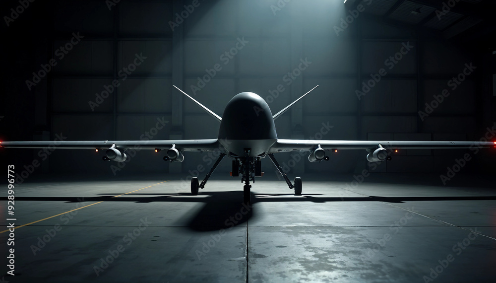 Inside a dim hangar, an MQ-9 Reaper drone is illuminated, casting ...