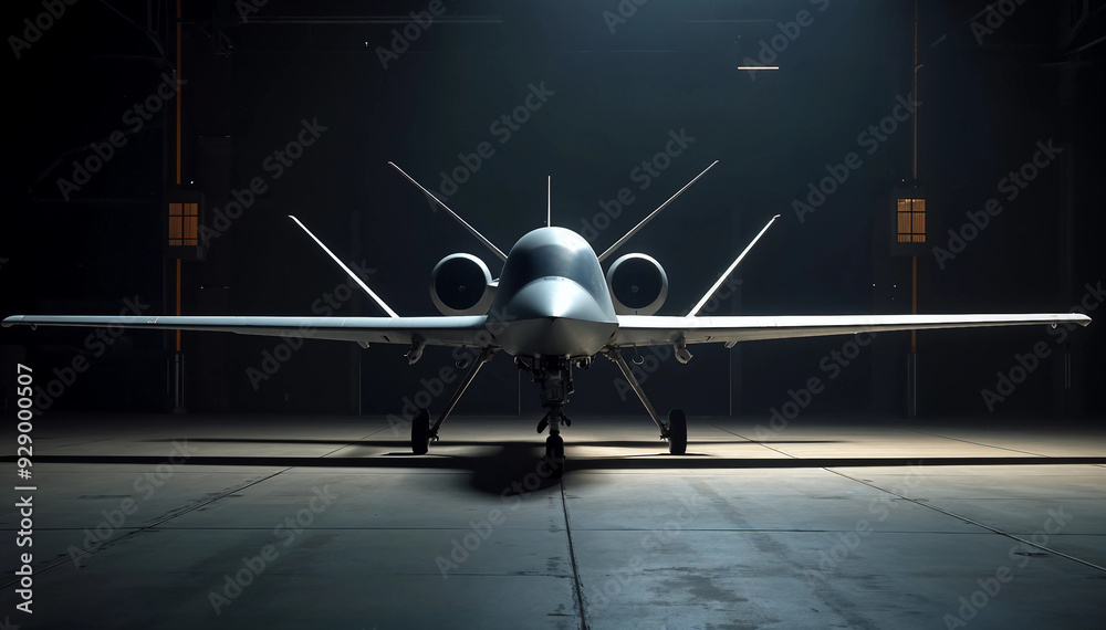 Inside a dim hangar, an MQ-9 Reaper drone is illuminated, casting ...