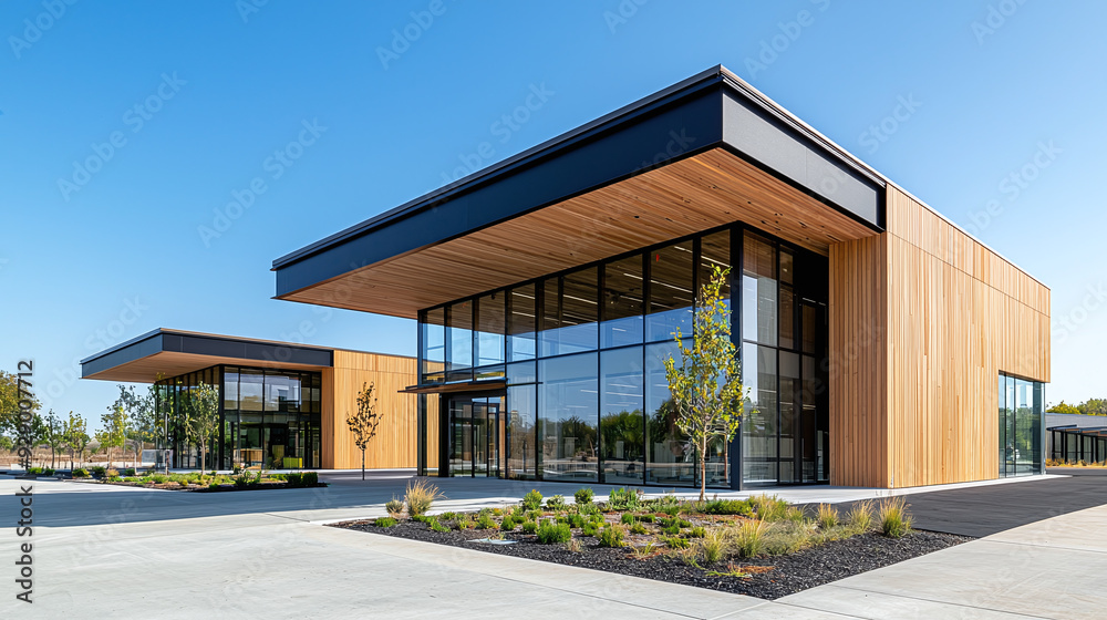 the exterior view of a nearly completed modular wooden office building ...