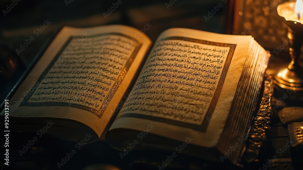 The pages of an open Quran, featuring beautifully written Arabic script ...
