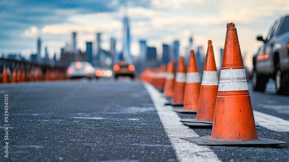 Traffic cones marking off a construction zone on a busy road, with the ...
