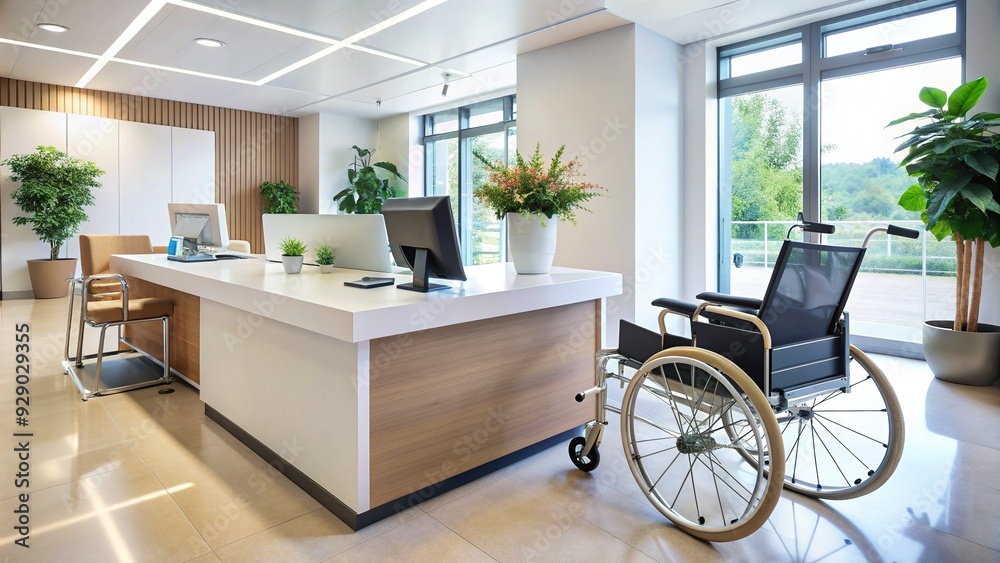 Modern hospital reception desk with computer, keyboard, and medical ...