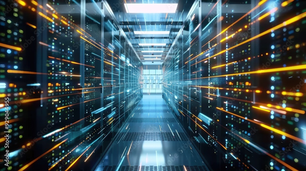 Shot of Corridor in Working Data Center Full of Rack Servers and Supercomputers with Internet ...