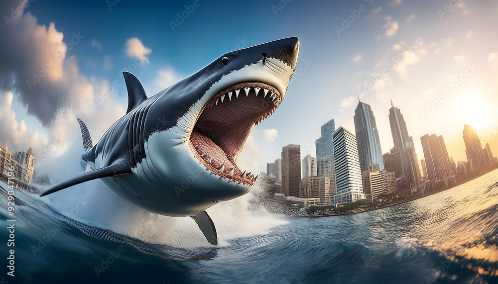 giant shark launching ferocious attack cityscape Stock Illustration | Adobe Stock