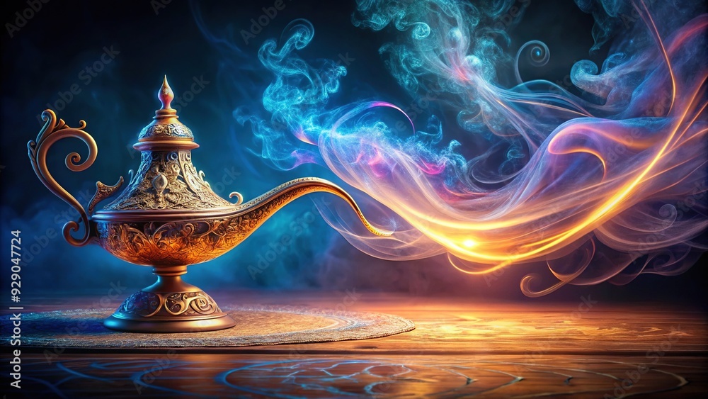 Mystical lantern releases swirling smoke forming a stylized, ornate ...