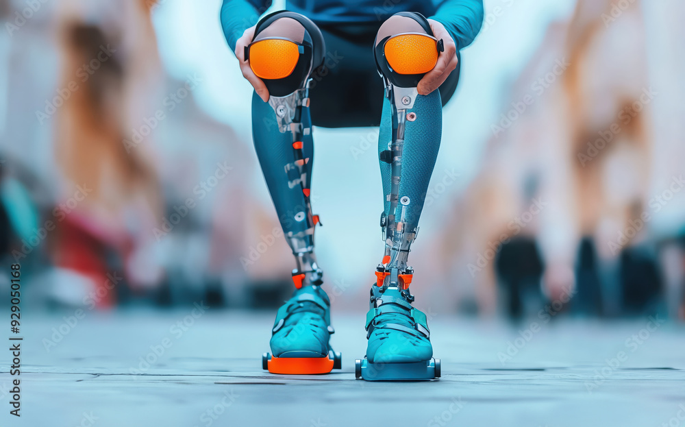 full body of monopodal legs prosthetics in use by a Paralympic athlete ...