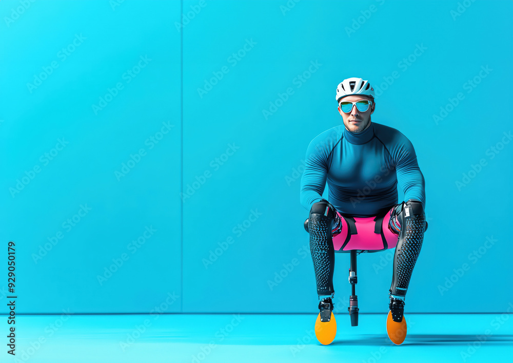 full body of monopodal legs prosthetics in use by a Paralympic athlete ...