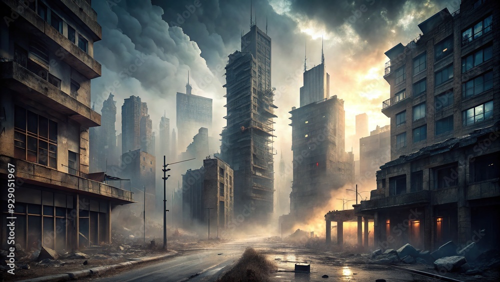 Ominous fog creeps through crumbling city streets, abandoned ...