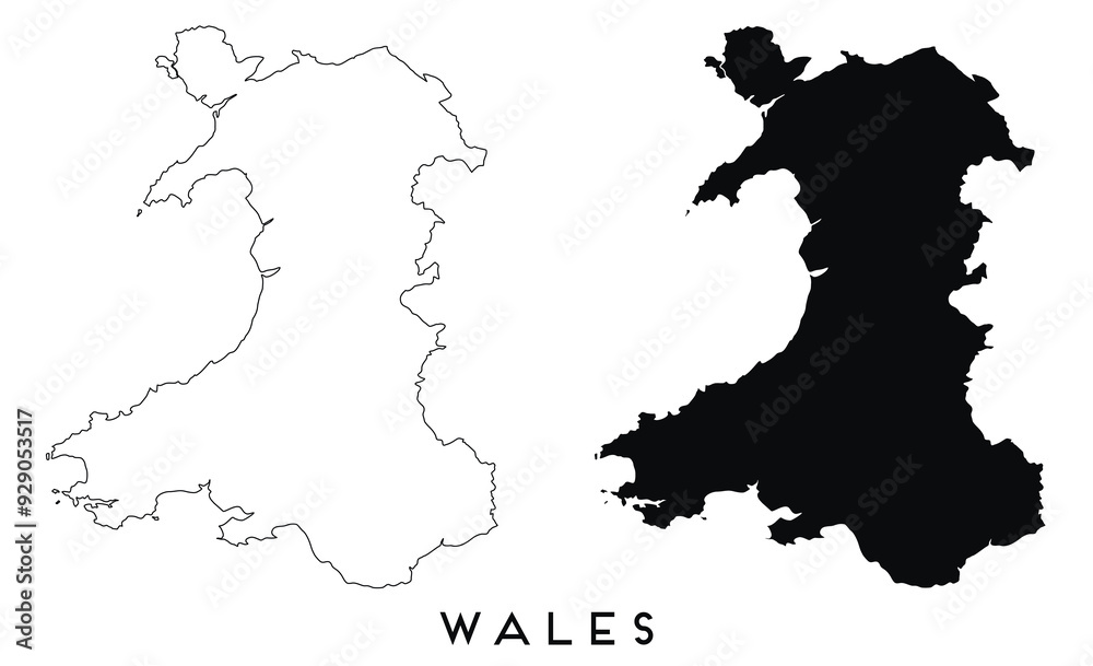 Wales map outline and black silhouette vector Stock Vector | Adobe Stock