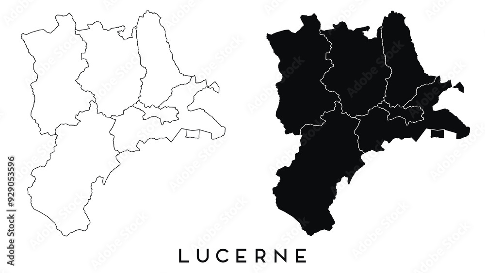 Lucerne map of regions districts vector black on white and outline ...