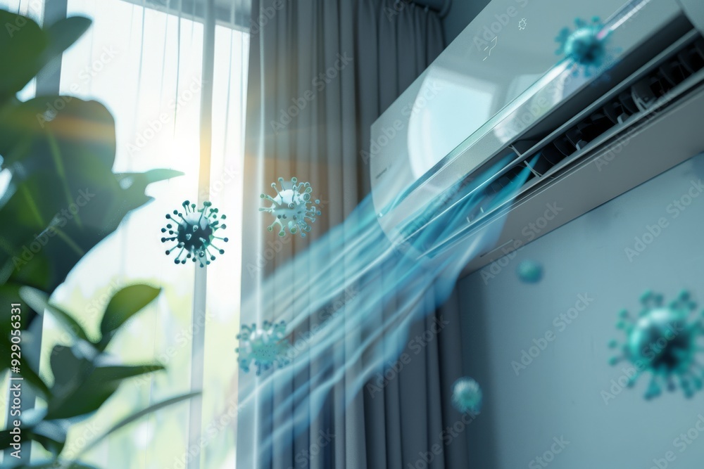 Airborne germs and pollen particles drift through a room with natural ...