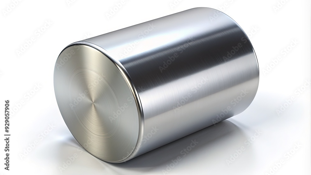 Polished silver metal cylinder with rounded edges and reflective ...