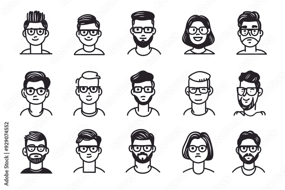 Black cartoon hand drawn characters for avatar collection isolated on ...