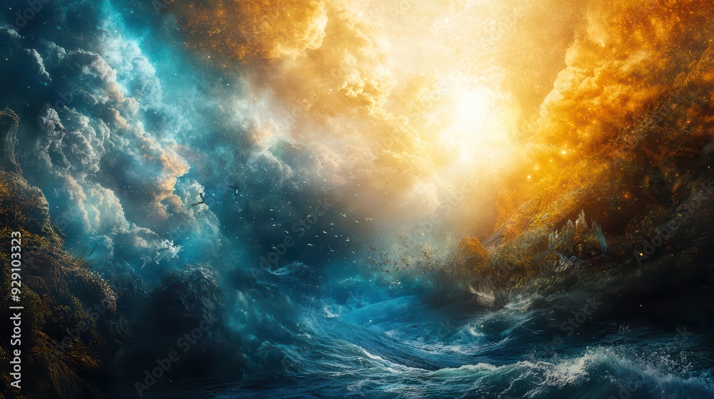 Dramatic and artistic depiction of the Biblical Creation story ...