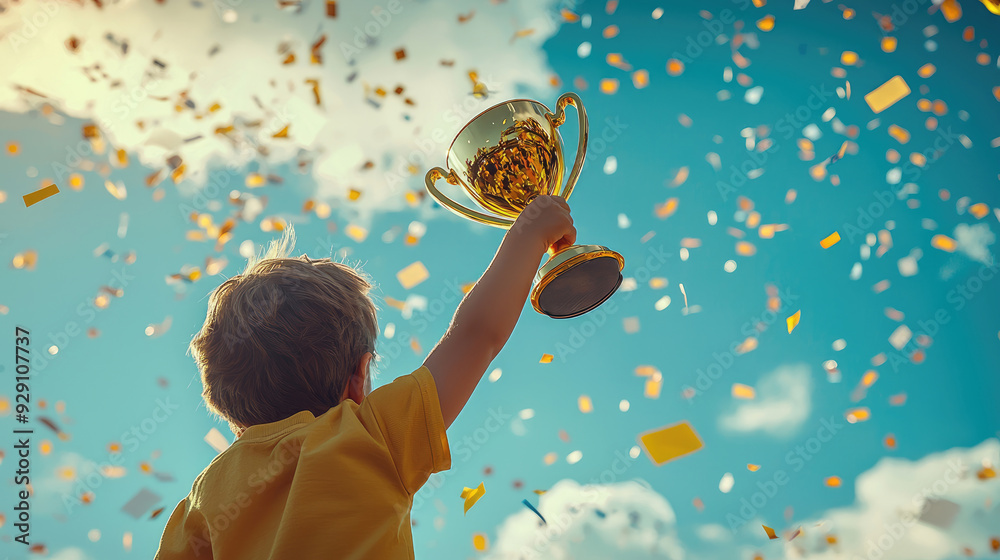 Kid holding a gold trophy in his hand. Beautiful sky background with ...