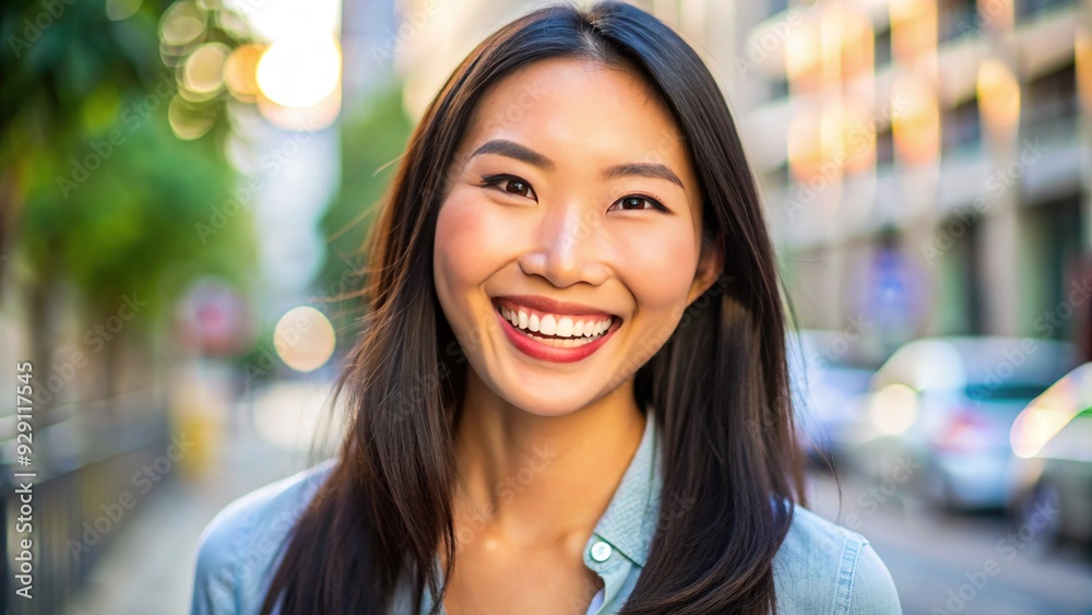 Smiling Asian woman with perfect white teeth and bright facial ...