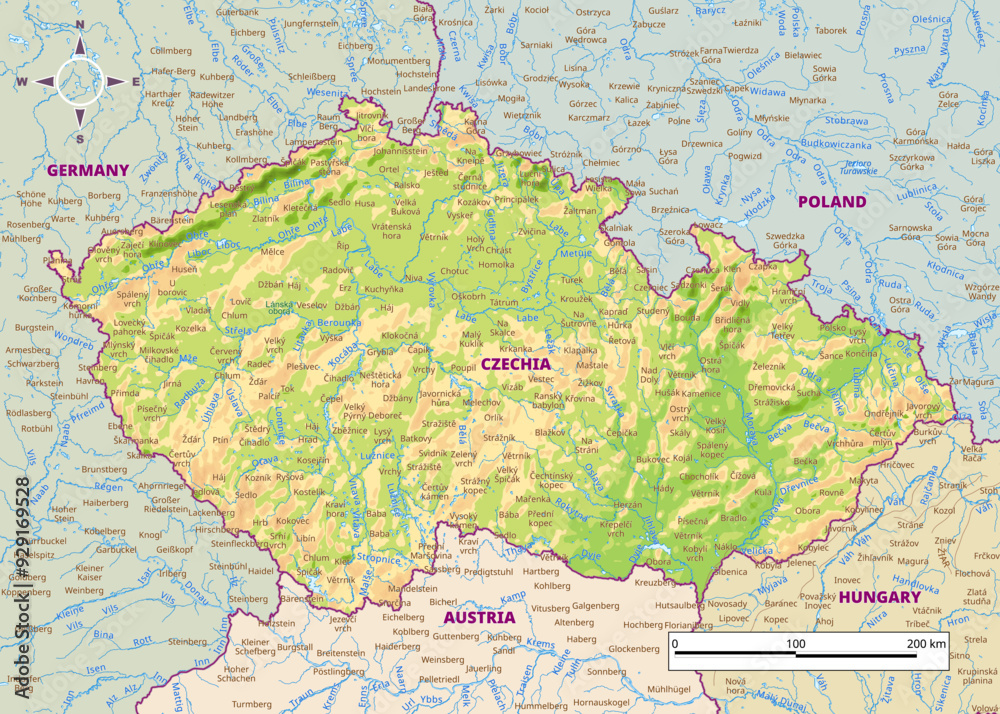 Detailed physical map of Czechia Stock Vector | Adobe Stock