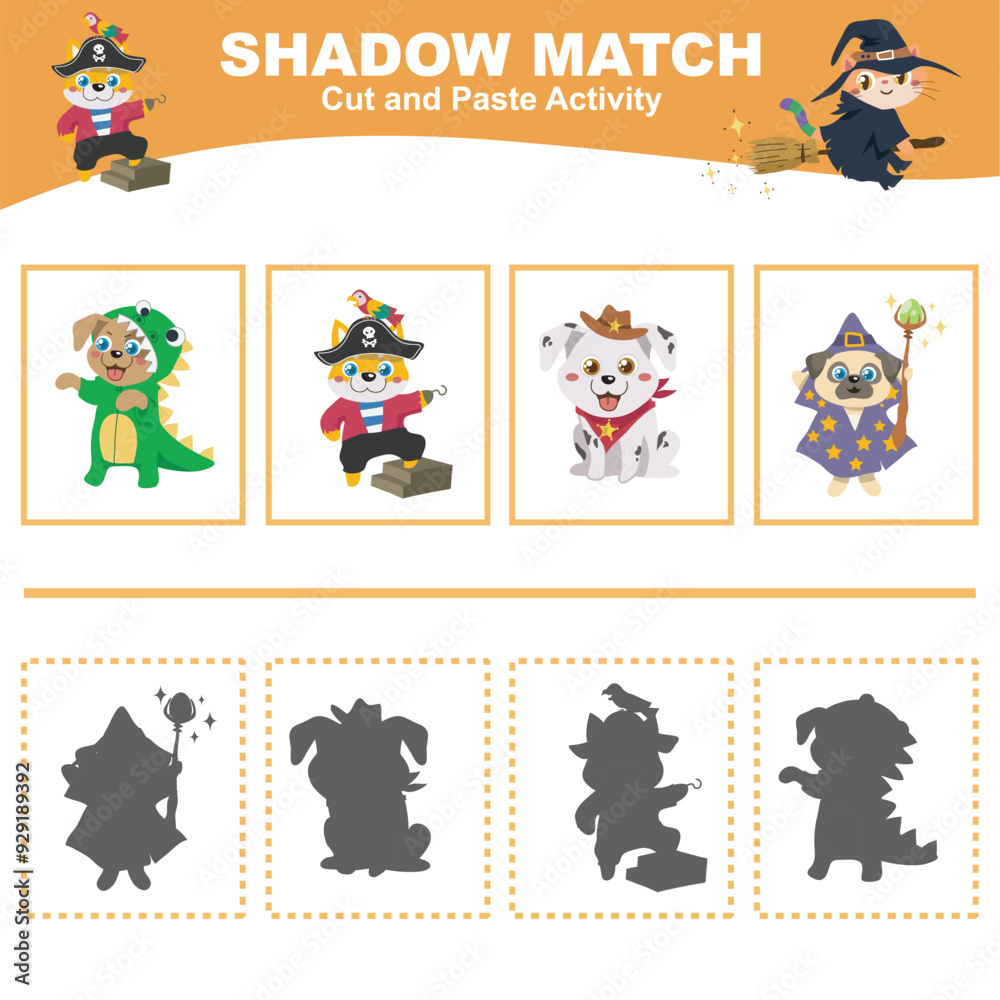 Cut the image in each box and glue it on each shadow. Find the correct ...