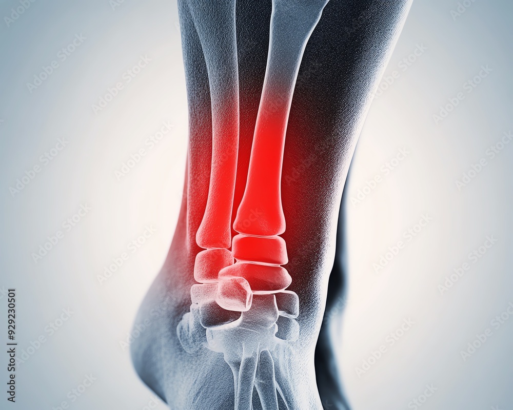 An illustration focusing on the lower leg, with a bright red area ...
