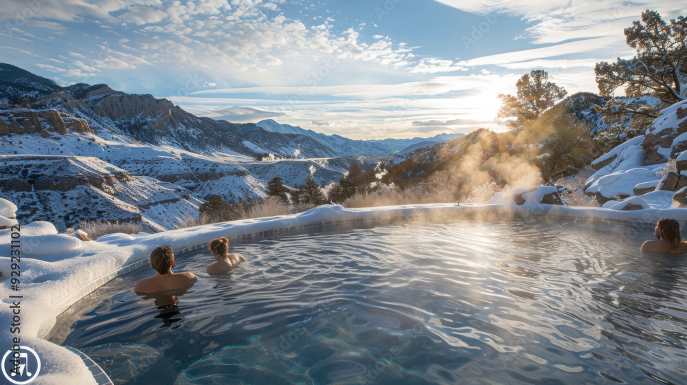The tranquil mountain peak of the cliff edge hot spring in the twilight ...