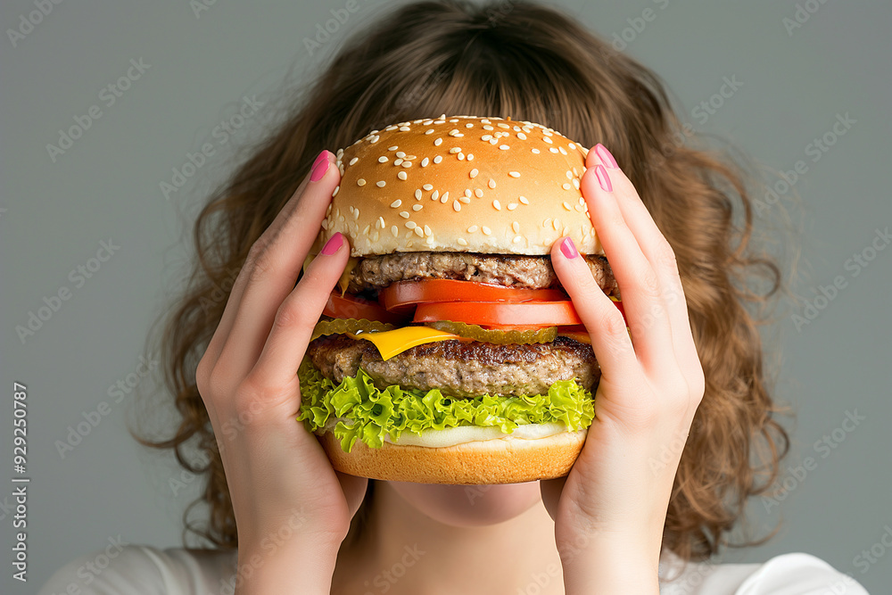 Woman eating giant fast food hamburger. Girl hiding her face behind big ...