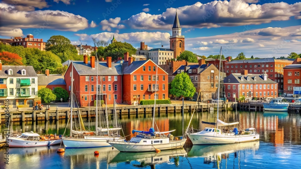 Vibrant waterfront scene in Portland, Maine, with historic brick ...