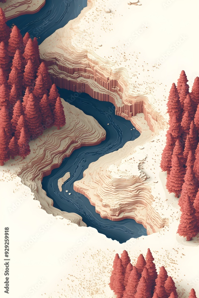 3D Topographic Map of a River Valley with Pine Forests and Steep Cliffs ...