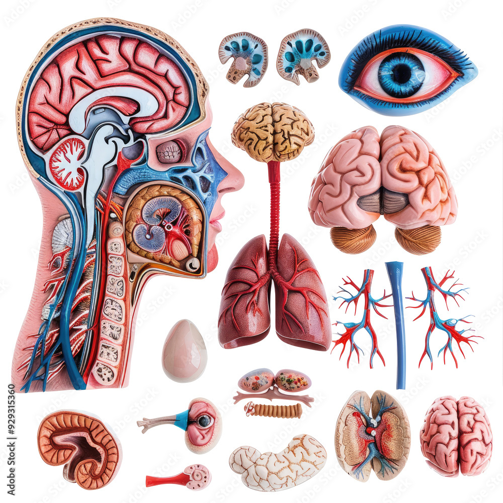 collection of human head cross section, lungs and eyeball anatomy ...