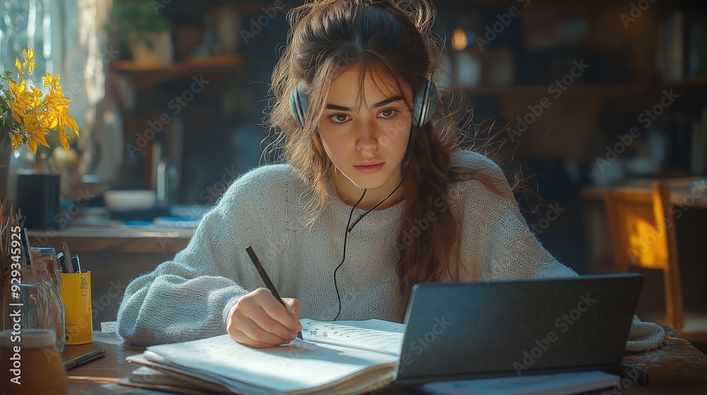 Serious Young Woman Student Immersed in Online Learning at a Cozy ...