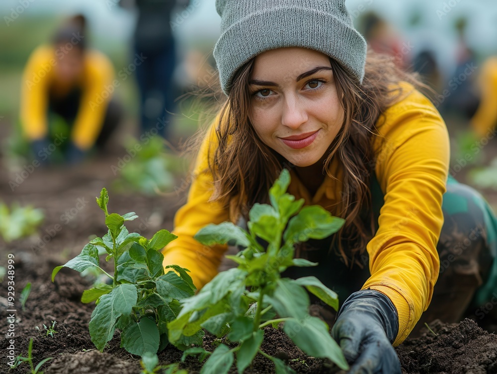 ecowarrior planting vibrant sapling in community garden softfocus ...