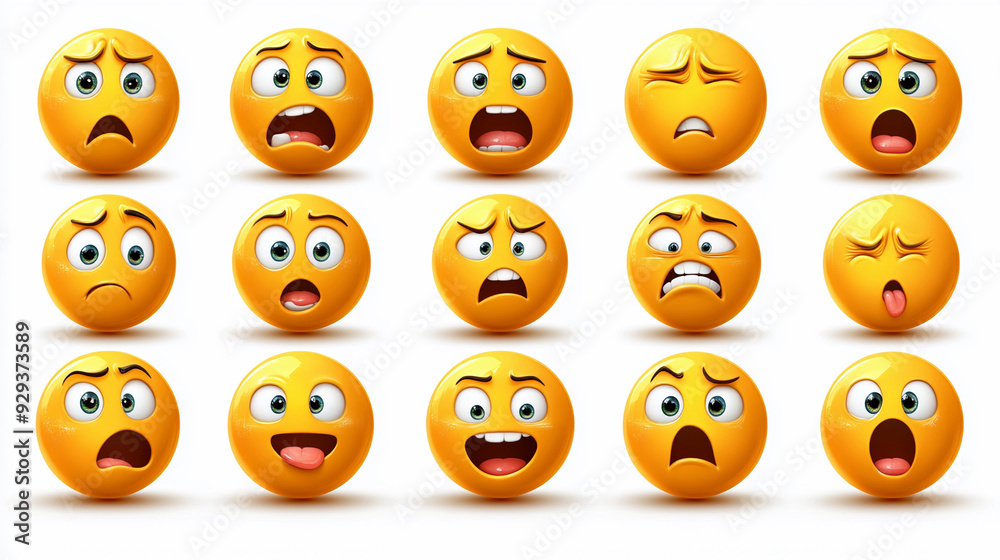 Sixteen vibrant emoticons display a range of emotions from joy to ...