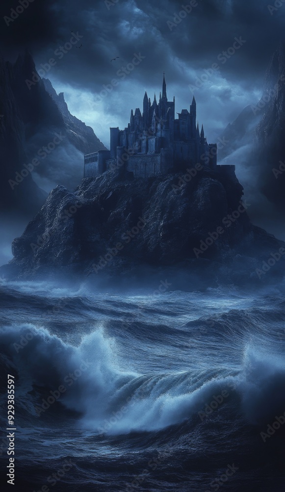 Dark Enchanted anime-style Medieval Castle on a Hill Surrounded by a ...