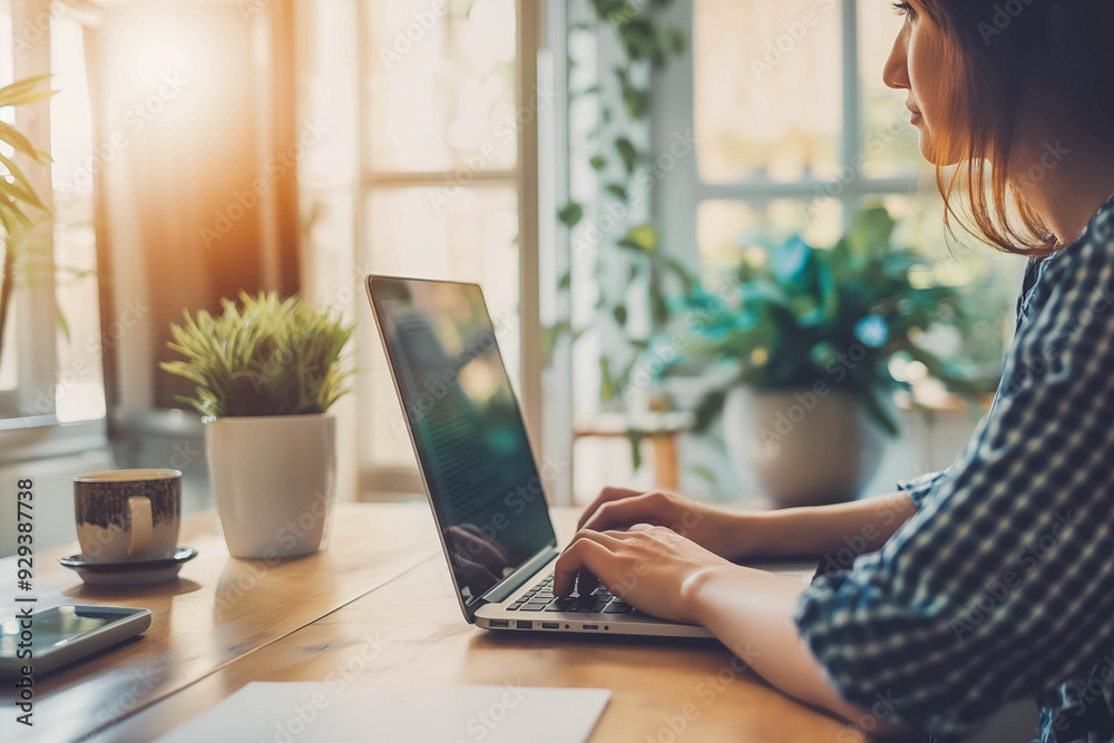 Woman doing high-tech computer work on her laptop with advanced ...