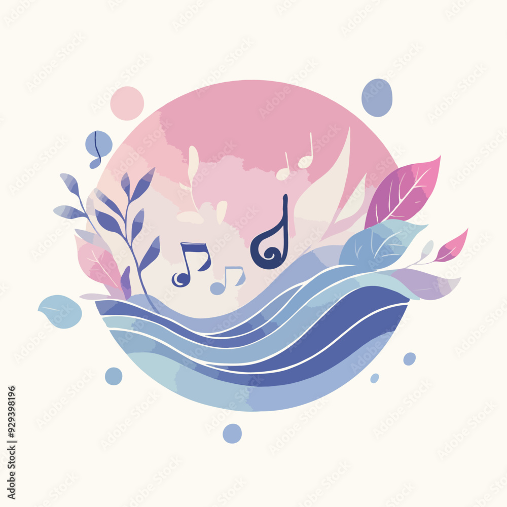 Abstract musical notes with fluid waves and botanical elements in a ...