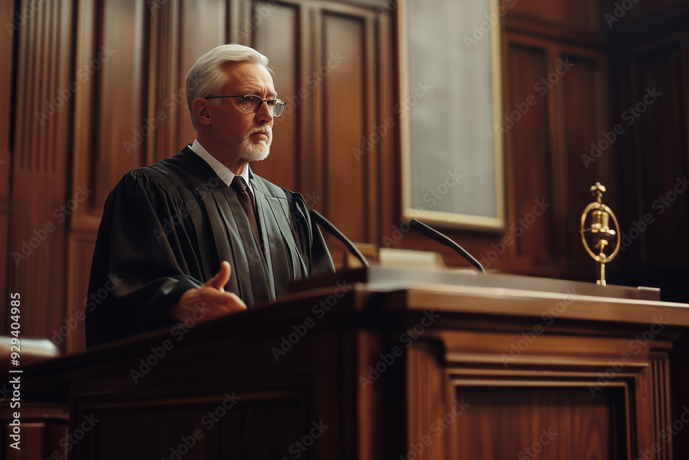 Stock-Foto „Elderly male judge with white hair and glasses, standing in ...