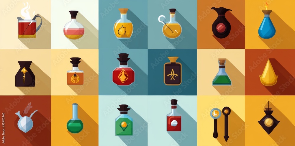 The magic elixir icons set includes potion bottles, ingredients, and ...