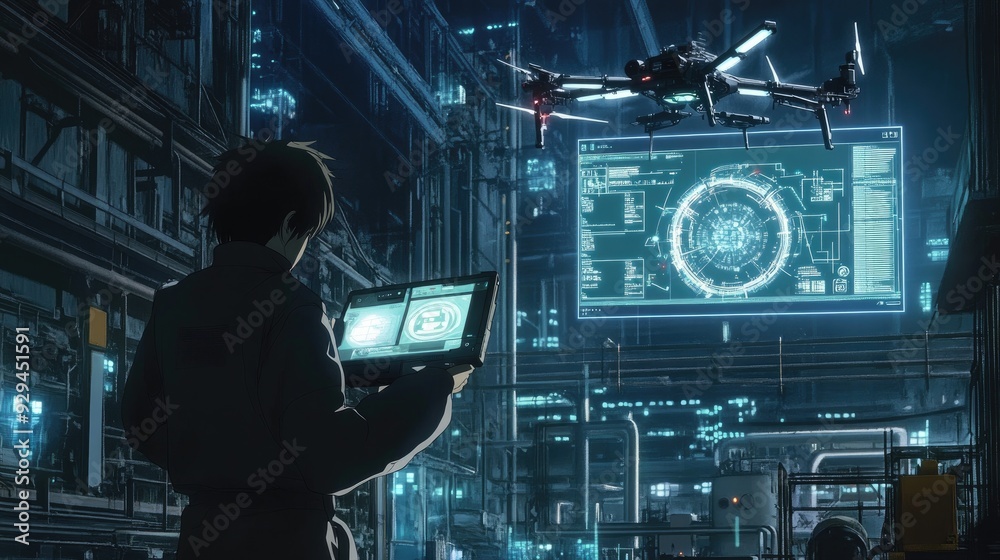 Anime character operating an advanced drone in an industrial area ...