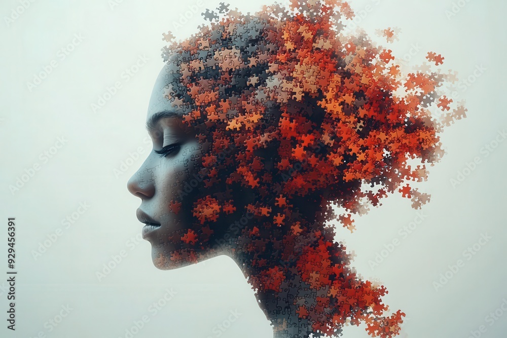 surreal digital artwork of human profile with puzzle pieces forming the ...