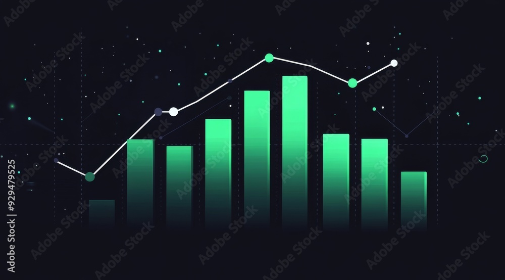 Graph depicting an upward trend in sales with green bars indicating growth and white lines ...