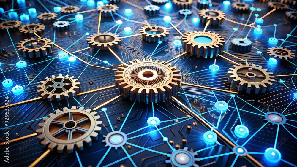 A complex network of interconnected gears, wiring, and circuits forms a ...